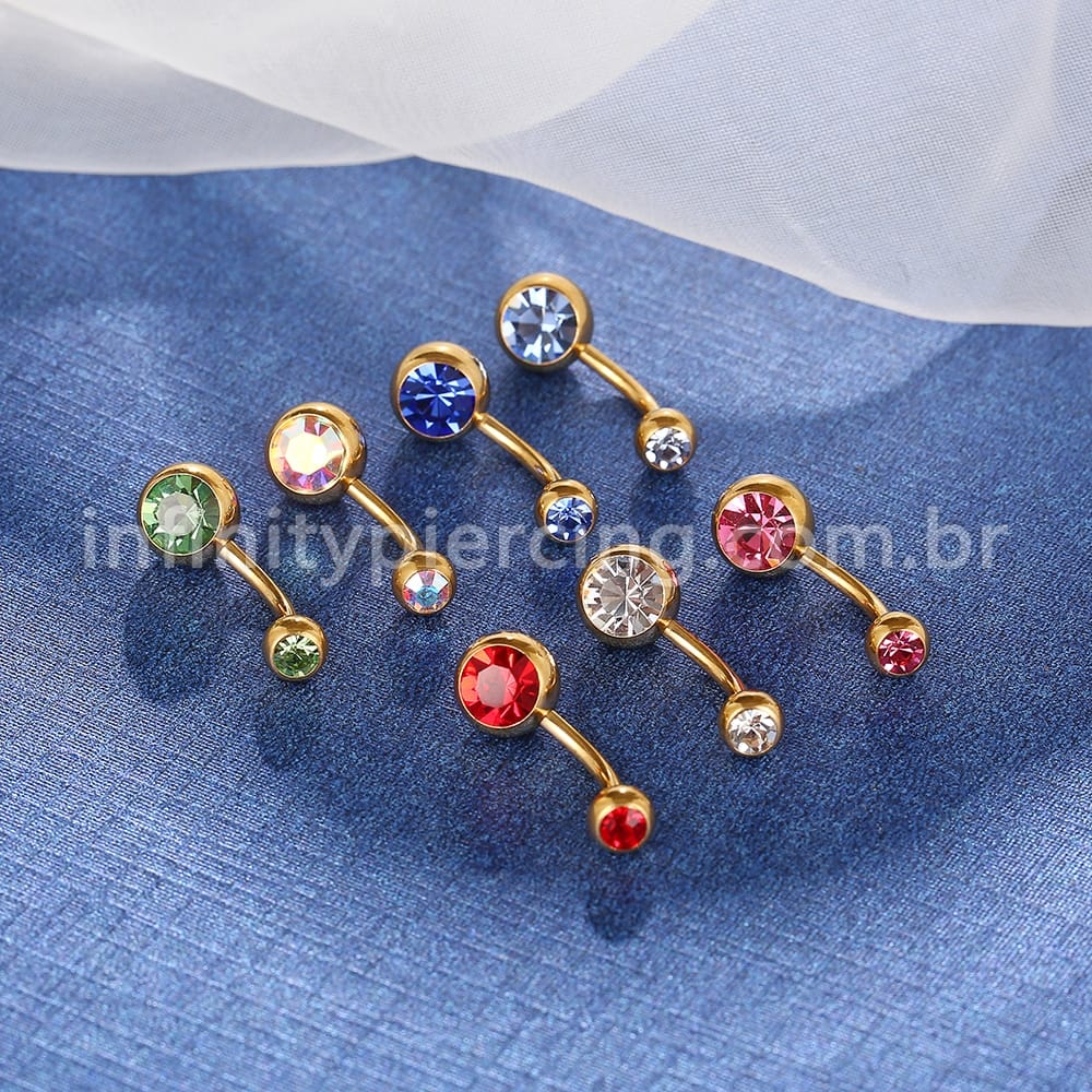 Piercing Banana Titânio 2 Pedras Strass Redonda Rosca Interna ...